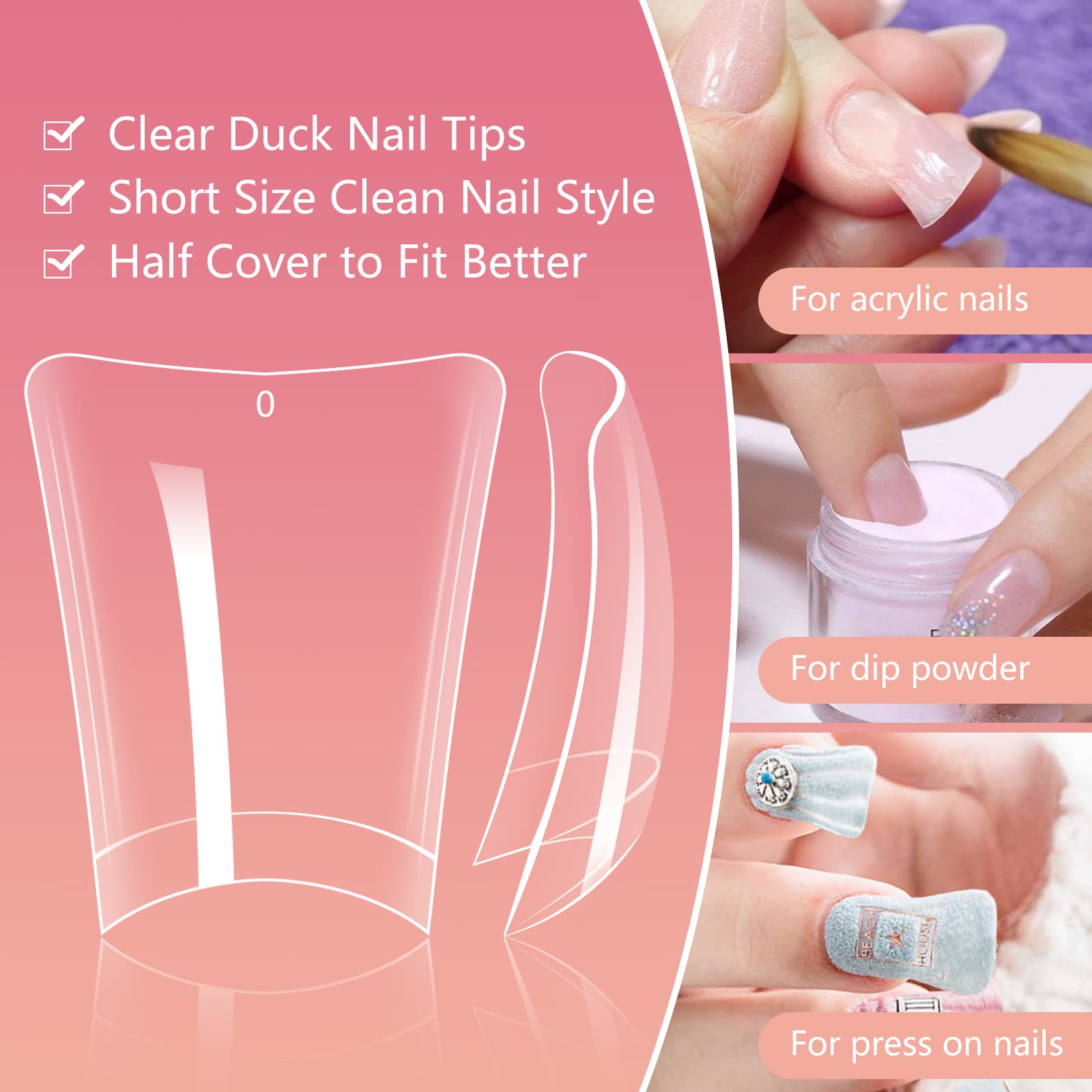 Lionvison Clear Duck Nails Tips, Short Duck Feet Nail Tips Flare Wide Press on Nail Tips for Acrylic Nails, 240PCS Half Cover False Nail Extensions Tips for Nail Salon Tech, 10 Sizes with Nail Charms