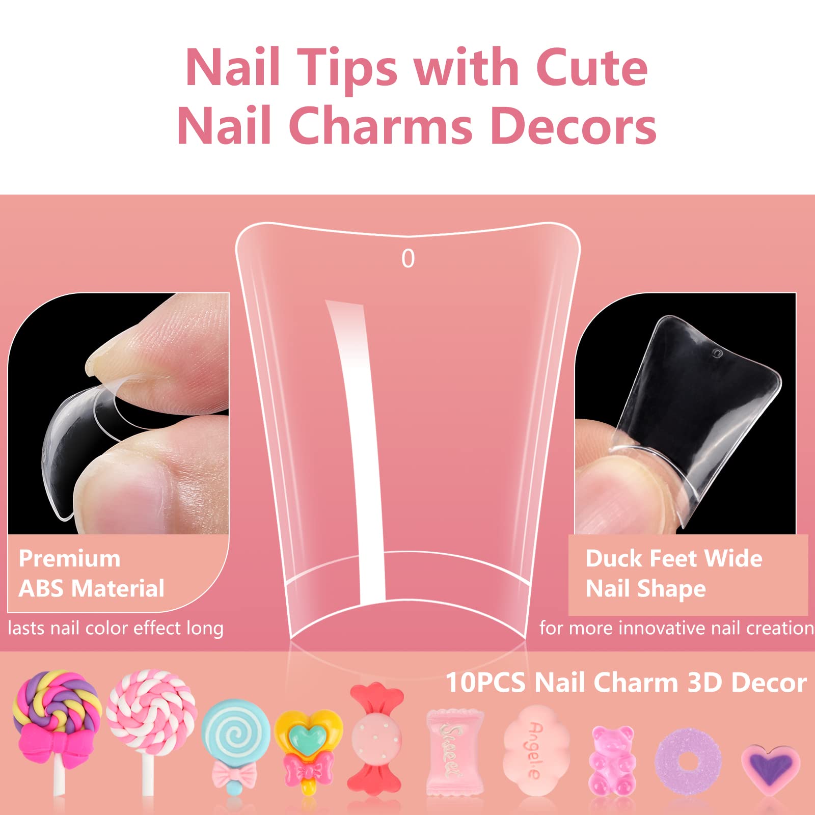 Lionvison Clear Duck Nails Tips, Short Duck Feet Nail Tips Flare Wide Press on Nail Tips for Acrylic Nails, 240PCS Half Cover False Nail Extensions Tips for Nail Salon Tech, 10 Sizes with Nail Charms