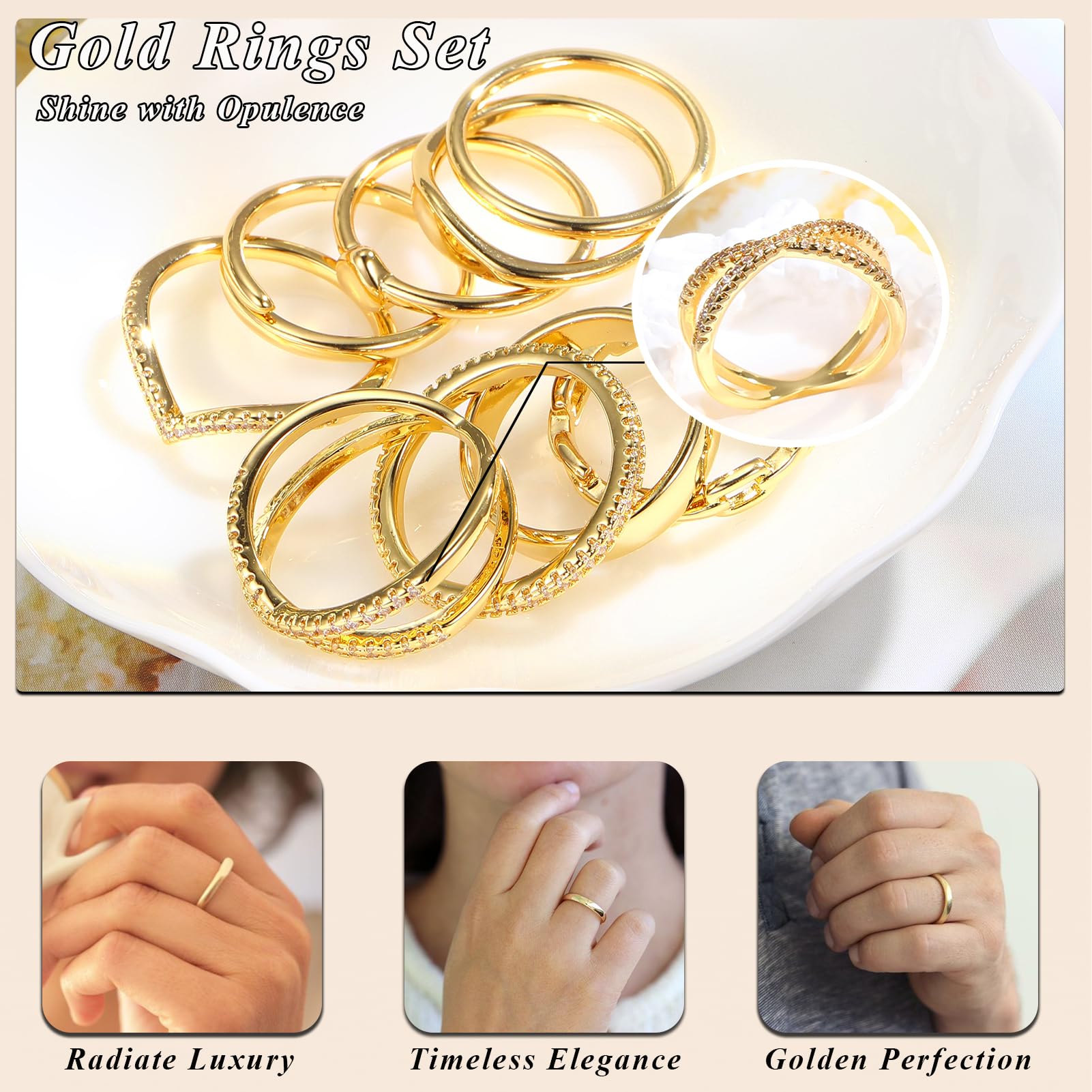 10 PCS Dainty 14K Gold Rings for Women, Open Twist Simulated Diamond Criss Cross Designs, Perfect for Stacking Layering on Thumb and Knuckle Engagement Rings in Sizes 8