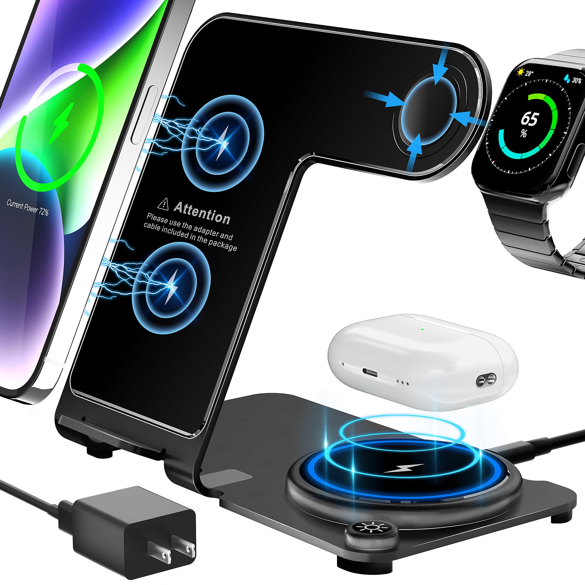 Wireless Charger 3 in 1,Aluminum Alloy Wireless Charging Stand 18W Fast Charging for iPhone 15/14/13/12/11/Pro/Max/XS/XR/X/8, iWatch9/8/7/6/5/4/3/2/SE, Airpods Pro/3/2