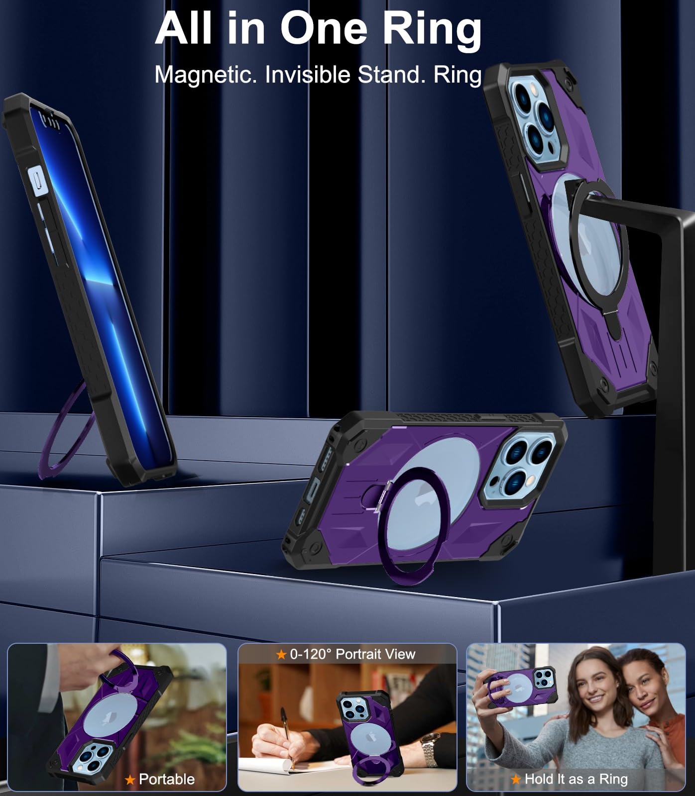 STERKER for iPhone 13 Pro Max Phone Case [Invisible Built in Stand & Ring Holder] Compatible with MagSafe Military Grade Drop Protection Slim iPhone 13 Pro Max Cases for Men Women 6.7", Purple