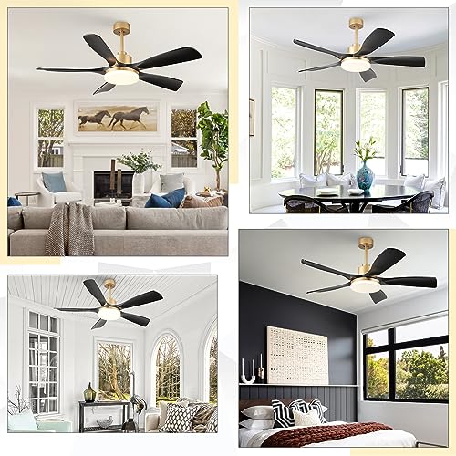 Ceiling Fan with Light 60 Inches Black and Gold, Modern Ceiling Fan with Remote Control, Flush Mount Large Ceiling Fan with LED Lights 5 Blades 6 Speed Reversible DC Motor for Bedroom Dining Room