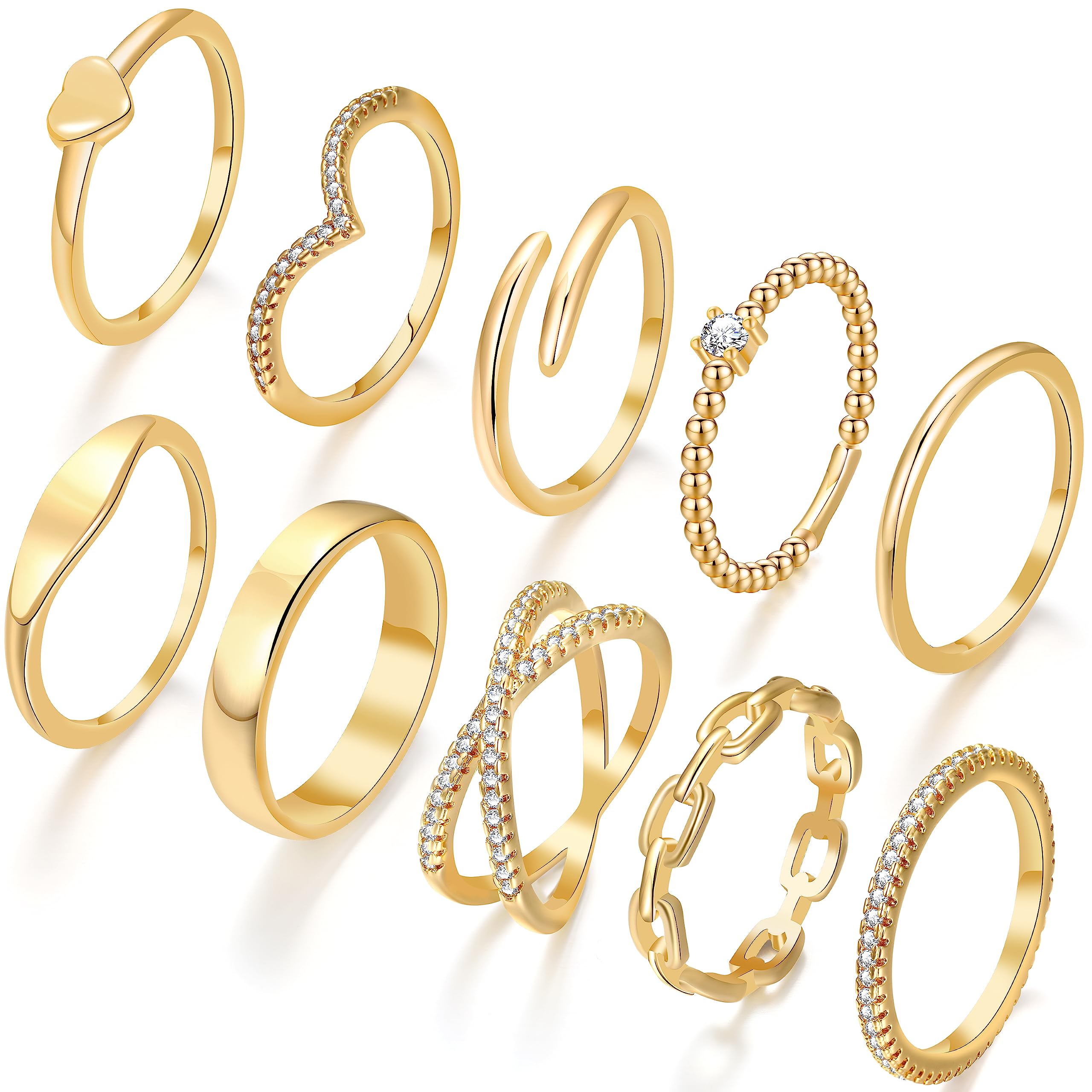 10 PCS Dainty 14K Gold Rings for Women, Open Twist Simulated Diamond Criss Cross Designs, Perfect for Stacking Layering on Thumb and Knuckle Engagement Rings in Sizes 8