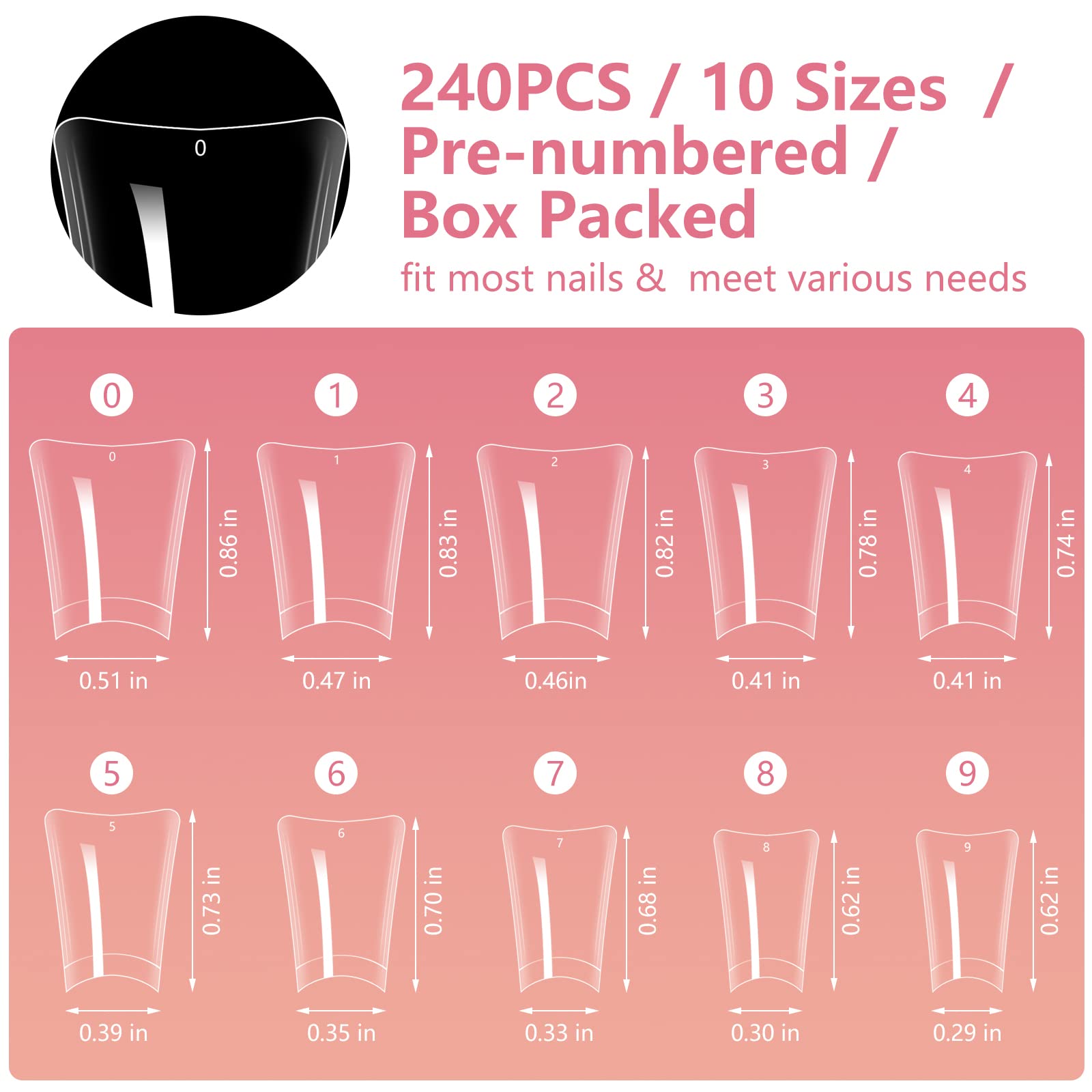 Lionvison Clear Duck Nails Tips, Short Duck Feet Nail Tips Flare Wide Press on Nail Tips for Acrylic Nails, 240PCS Half Cover False Nail Extensions Tips for Nail Salon Tech, 10 Sizes with Nail Charms