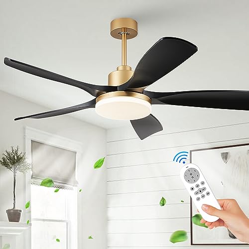 Ceiling Fan with Light 60 Inches Black and Gold, Modern Ceiling Fan with Remote Control, Flush Mount Large Ceiling Fan with LED Lights 5 Blades 6 Speed Reversible DC Motor for Bedroom Dining Room