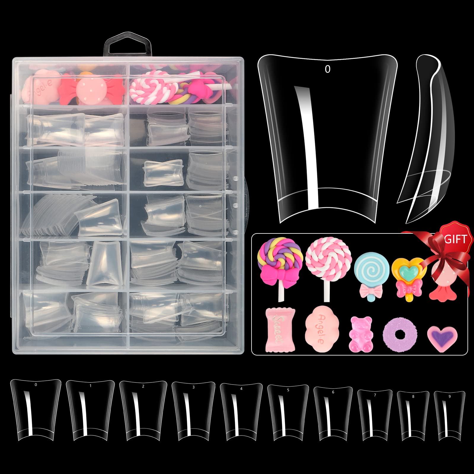 Lionvison Clear Duck Nails Tips, Short Duck Feet Nail Tips Flare Wide Press on Nail Tips for Acrylic Nails, 240PCS Half Cover False Nail Extensions Tips for Nail Salon Tech, 10 Sizes with Nail Charms