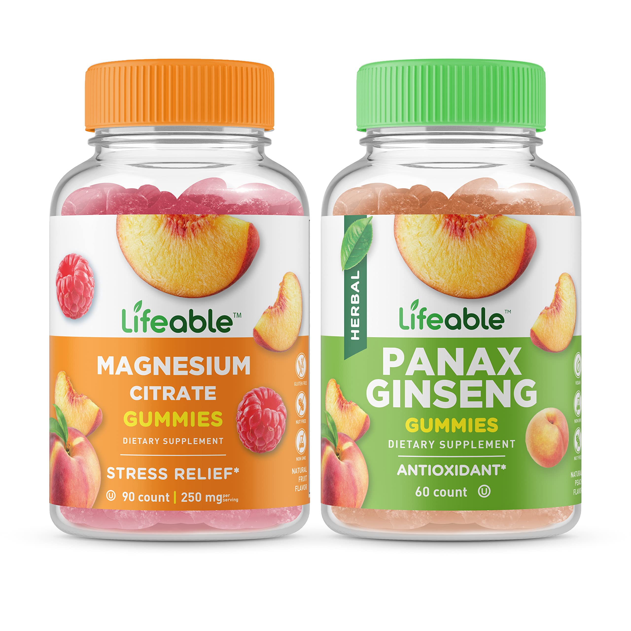 Lifeable Magnesium 85mg + Panax Ginseng, Gummies Bundle - Great Tasting, Vitamin Supplement, Gluten Free, GMO Free, Chewable Gummy
