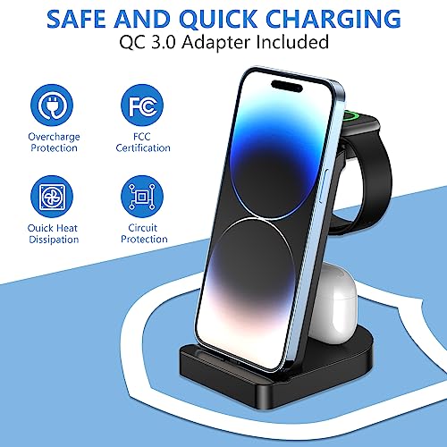 Charging Station for Multiple Devices,Cabepow 3 in 1 Fast Charging Station Dock for iPhone Series 14 Pro Max/13/12/11/X/8 Plus,for Airpods, Wireless Charger for Apple Watch 8/Ultra/7/6/SE/5/4/3