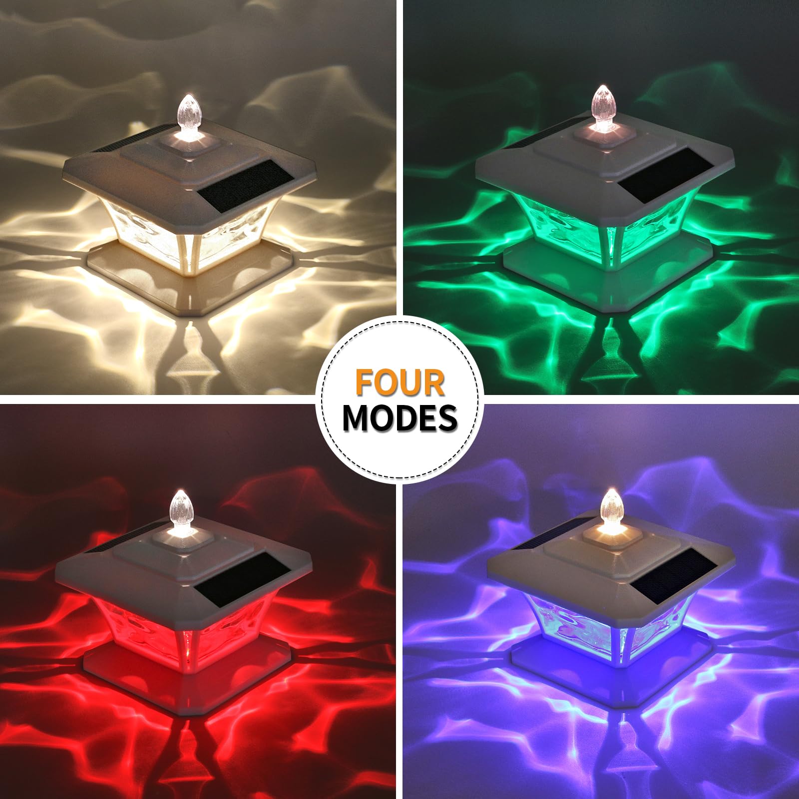 LIEFGARDEN White Solar Post Cap Lights Warm White/Red/Green/Blue 4 Lighting Mode, 15 Lumens 1000mAh Battery IP54 Waterproof, Fits 3.5x3.5 4x4 4.5x4.5 5x5 Fence Post Lights Solar Powered (2 Pack)