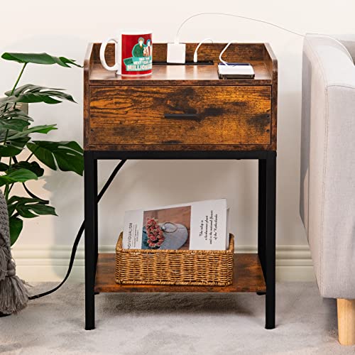 Lerliuo Nightstands Set of 2 with Charging Station and USB Ports, 3-Tier End Side Table with Storage Drawer and Shelf, Modern Bedside Night Stand for Bedroom, Retro Brown