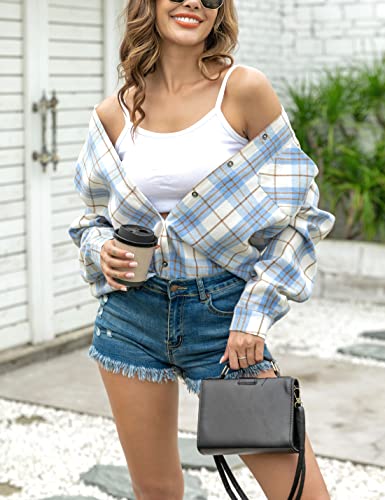 Silly Turtle Flannel Plaid Shirts for Women Oversized Long Sleeve Button Down Shirts Blouse Tops(0015-LightBlue-S)