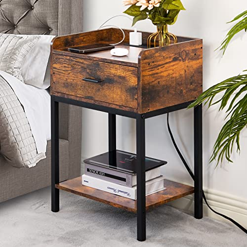 Lerliuo Nightstands Set of 2 with Charging Station and USB Ports, 3-Tier End Side Table with Storage Drawer and Shelf, Modern Bedside Night Stand for Bedroom, Retro Brown