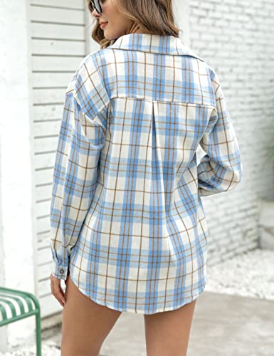 Silly Turtle Flannel Plaid Shirts for Women Oversized Long Sleeve Button Down Shirts Blouse Tops(0015-LightBlue-S)