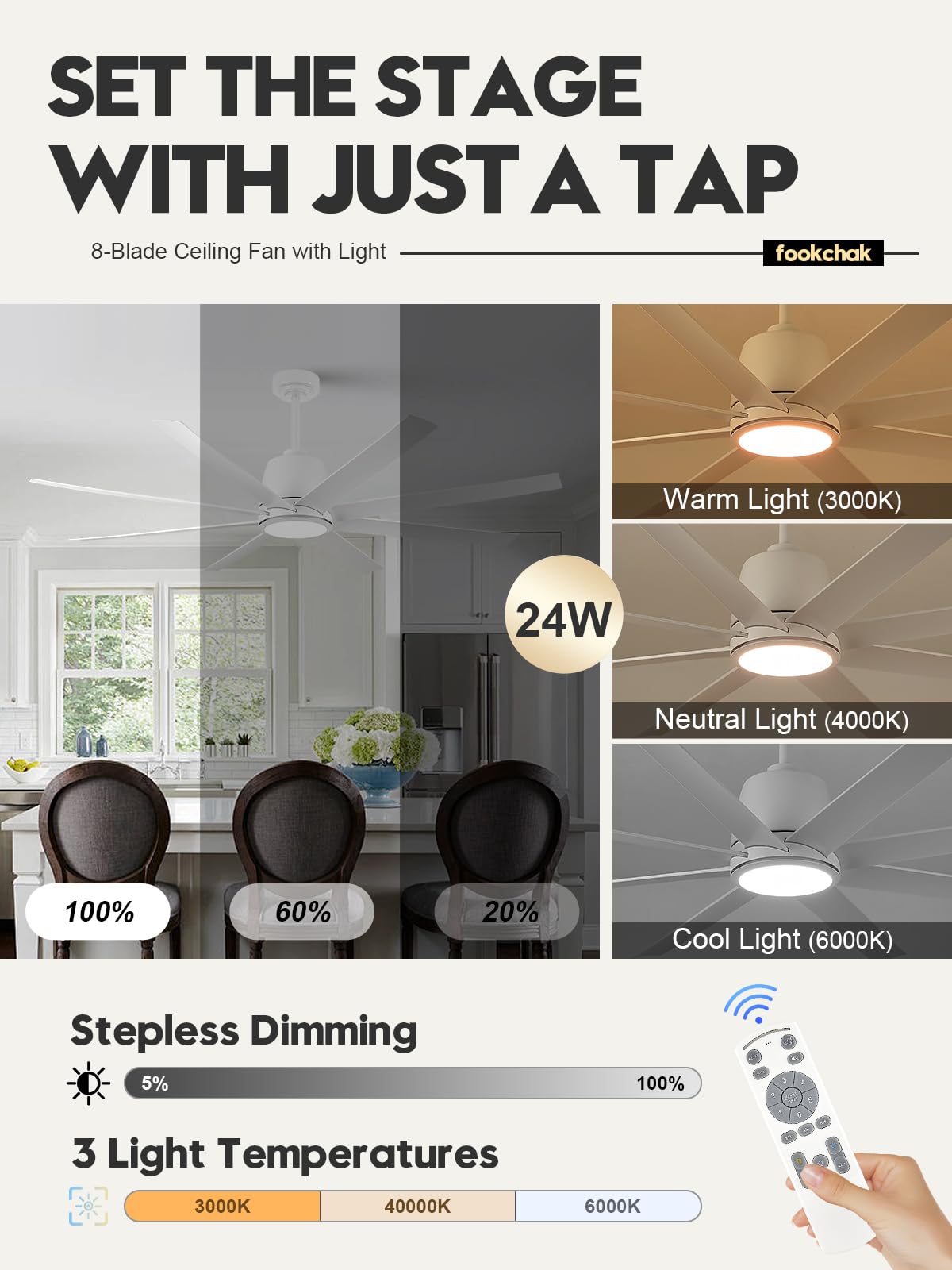 FookChak 65in White Large Ceiling Fan with Lights Remote Control 8-Blade Outdoor Ceiling Fan Light for Patio, Multi-speed Reversible Airflow for Garage Home Office Gym Room Living Room Bedroom