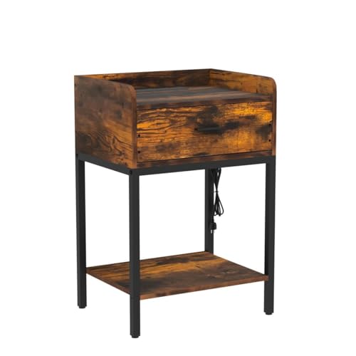 Lerliuo Nightstands Set of 2 with Charging Station and USB Ports, 3-Tier End Side Table with Storage Drawer and Shelf, Modern Bedside Night Stand for Bedroom, Retro Brown