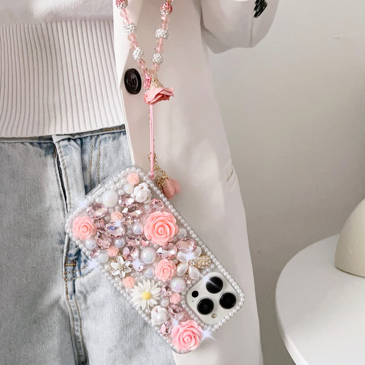 Changjia for iPhone 14 Pro Max Glitter Bling Case, Girly Cute Luxury 3D Crystal Rhinestone Flowers Diamond Pearl with Lanyard Wrist Strap Women Girls Case Cover for iPhone 14 Pro Max 6.7 inch (Pink)