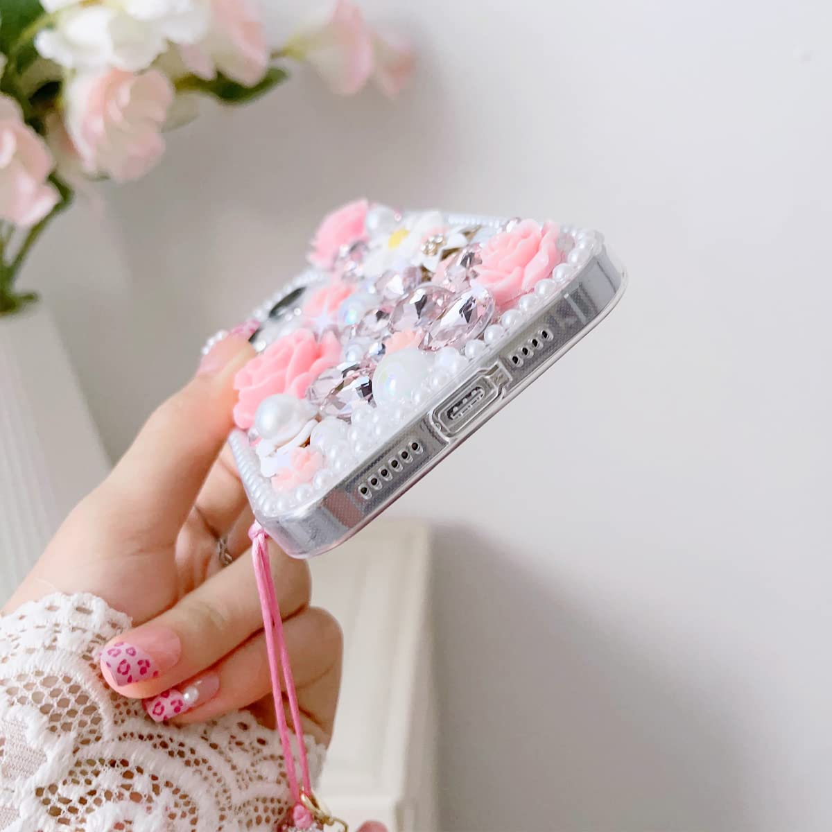 Changjia for iPhone 14 Pro Max Glitter Bling Case, Girly Cute Luxury 3D Crystal Rhinestone Flowers Diamond Pearl with Lanyard Wrist Strap Women Girls Case Cover for iPhone 14 Pro Max 6.7 inch (Pink)