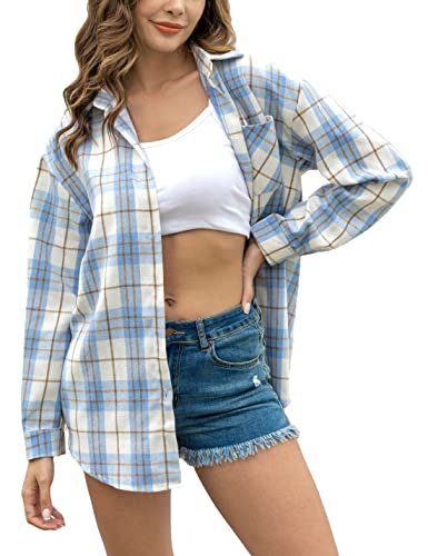 Silly Turtle Flannel Plaid Shirts for Women Oversized Long Sleeve Button Down Shirts Blouse Tops(0015-LightBlue-S)
