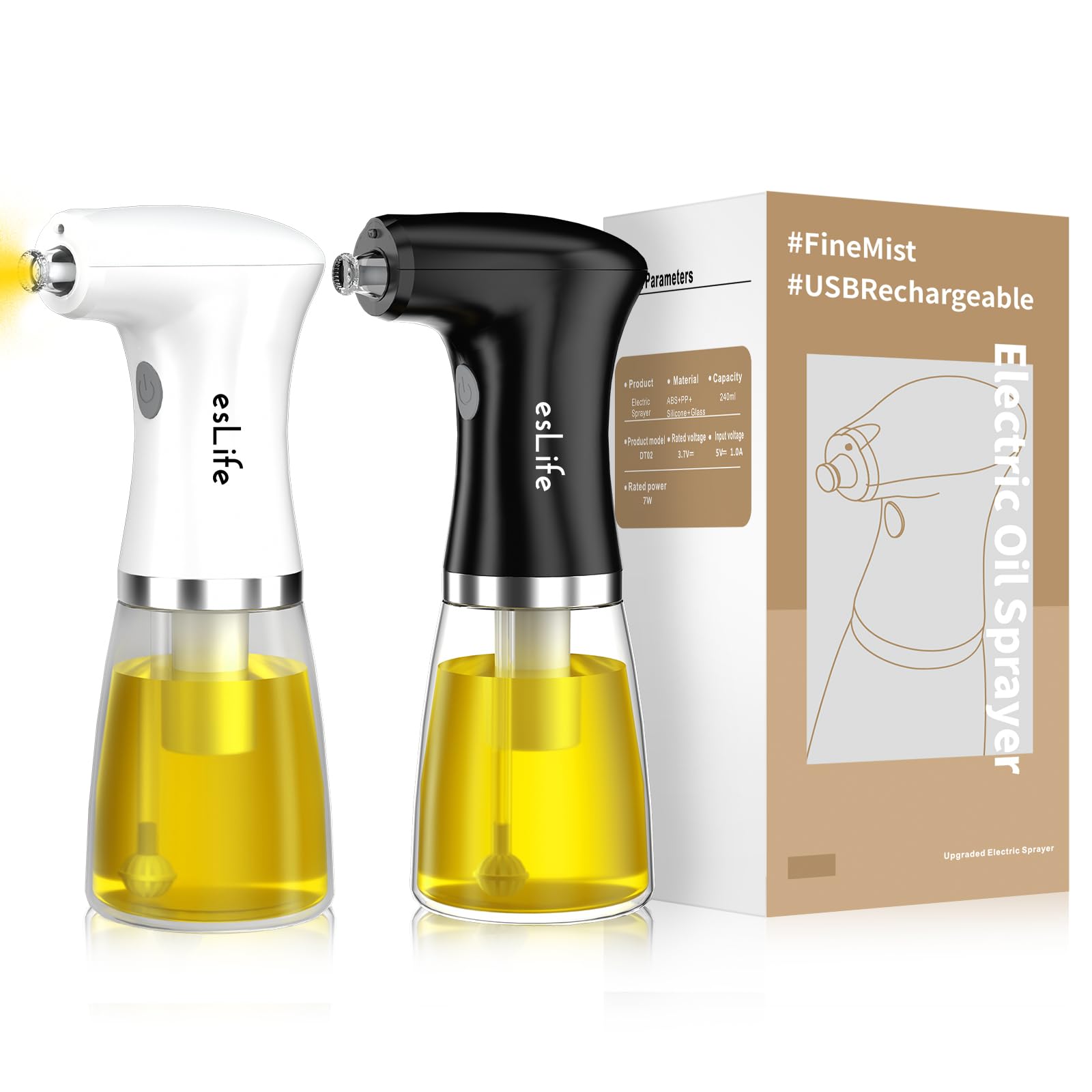 esLife [2 Pack] Electric Oil Sprayer 240ml for Cooking, USB Rechargeable Oil Mister Bottle Kitchen Gadgets for Kitchen Salad, Air Fryer, Baking, BBQ, Elevate Your Culinary Delights, Black and White