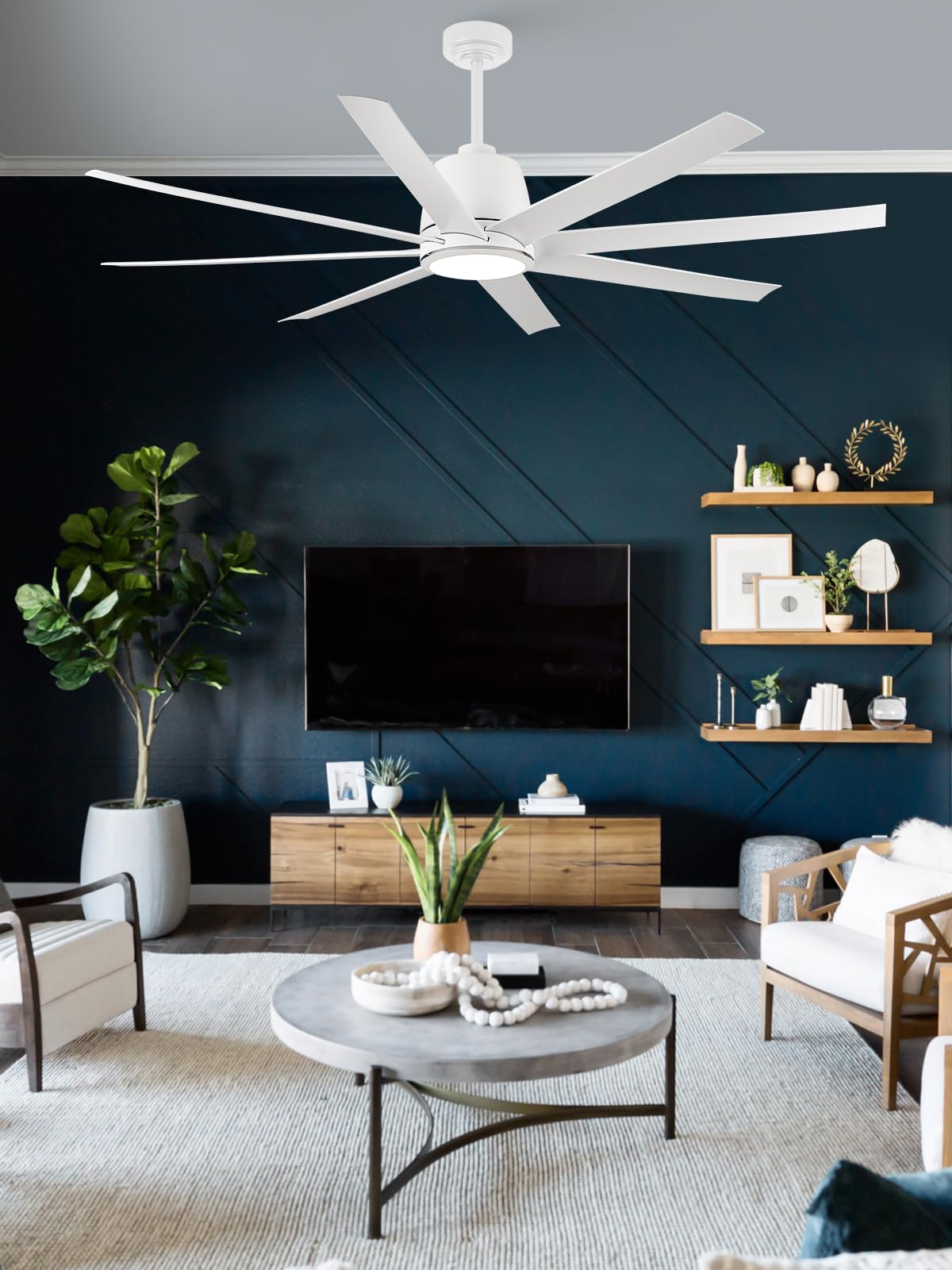 FookChak 65in White Large Ceiling Fan with Lights Remote Control 8-Blade Outdoor Ceiling Fan Light for Patio, Multi-speed Reversible Airflow for Garage Home Office Gym Room Living Room Bedroom
