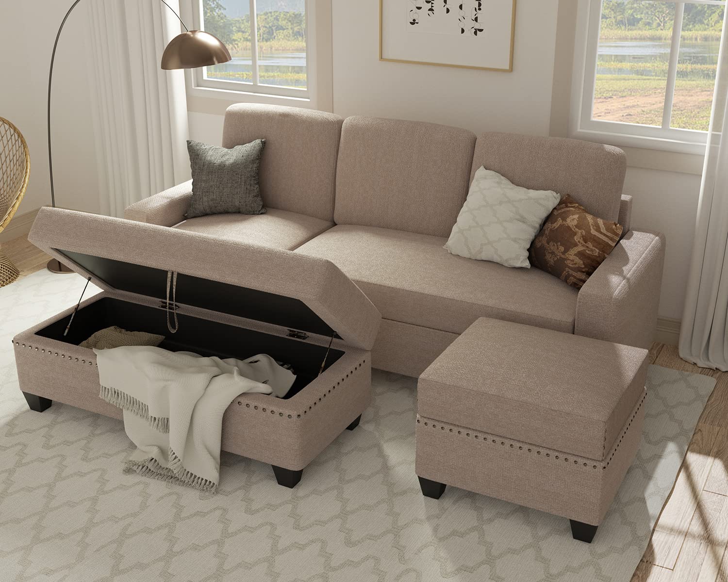 Ucloveria 81" Reversible Couch with Storage Chaise L-Shaped Apartment, Sectional Ottoman,Nailhead Textured Linen Fabric 3 Pieces Sofa Set,Warm Grey
