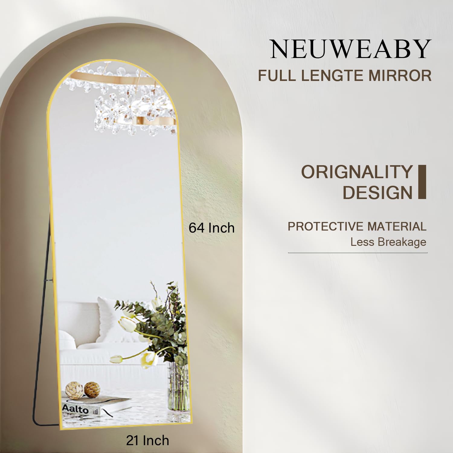 NEUWEABY Full Length Mirror, 64"x21" Arch Mirror Floor Mirror with Stand, Gold Arched Full Body Standing or Leaning Mirror for Bedroom, Living Room