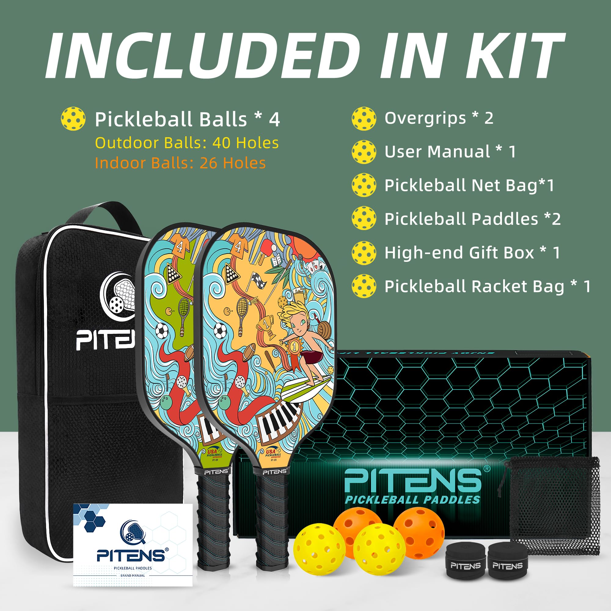 Pickleball Paddles, USAPA Approved Fiberglass Surface Pickleball Set with Pickleball Rackets, Pickle Ball Paddle Set for Men Women