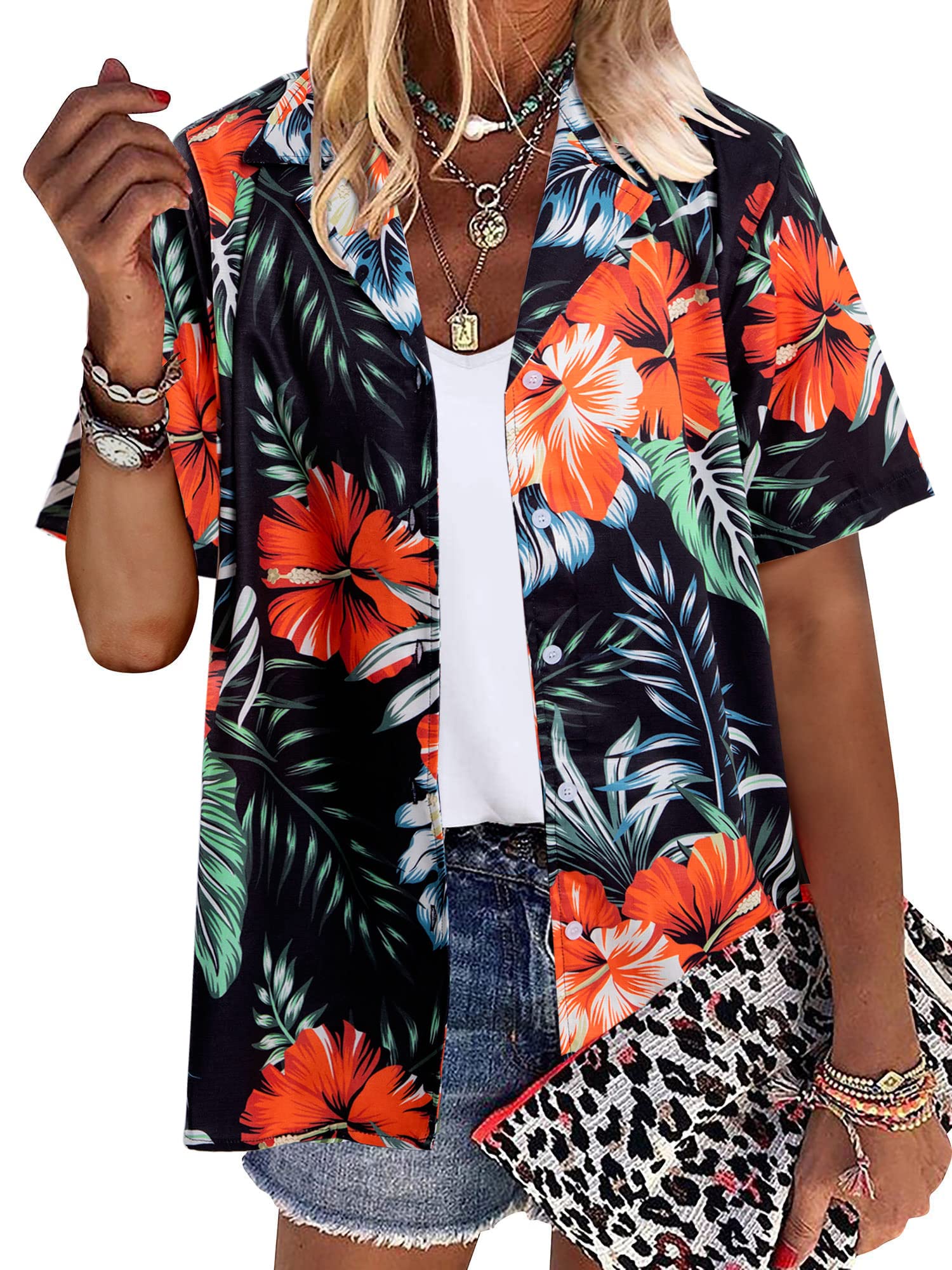 FAYALEQ Womens Summer Hawaiian Shirts Soft Cool Floral Tropical Print T-Shirt Button Down V Neck Short Sleeve Tee Tops Black