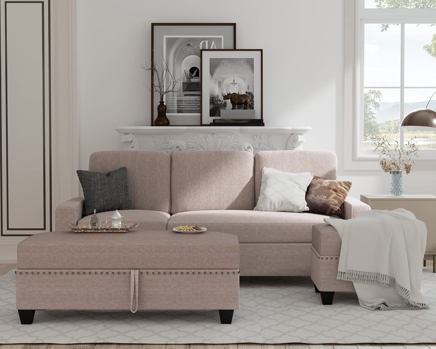 Ucloveria 81" Reversible Couch with Storage Chaise L-Shaped Apartment, Sectional Ottoman,Nailhead Textured Linen Fabric 3 Pieces Sofa Set,Warm Grey