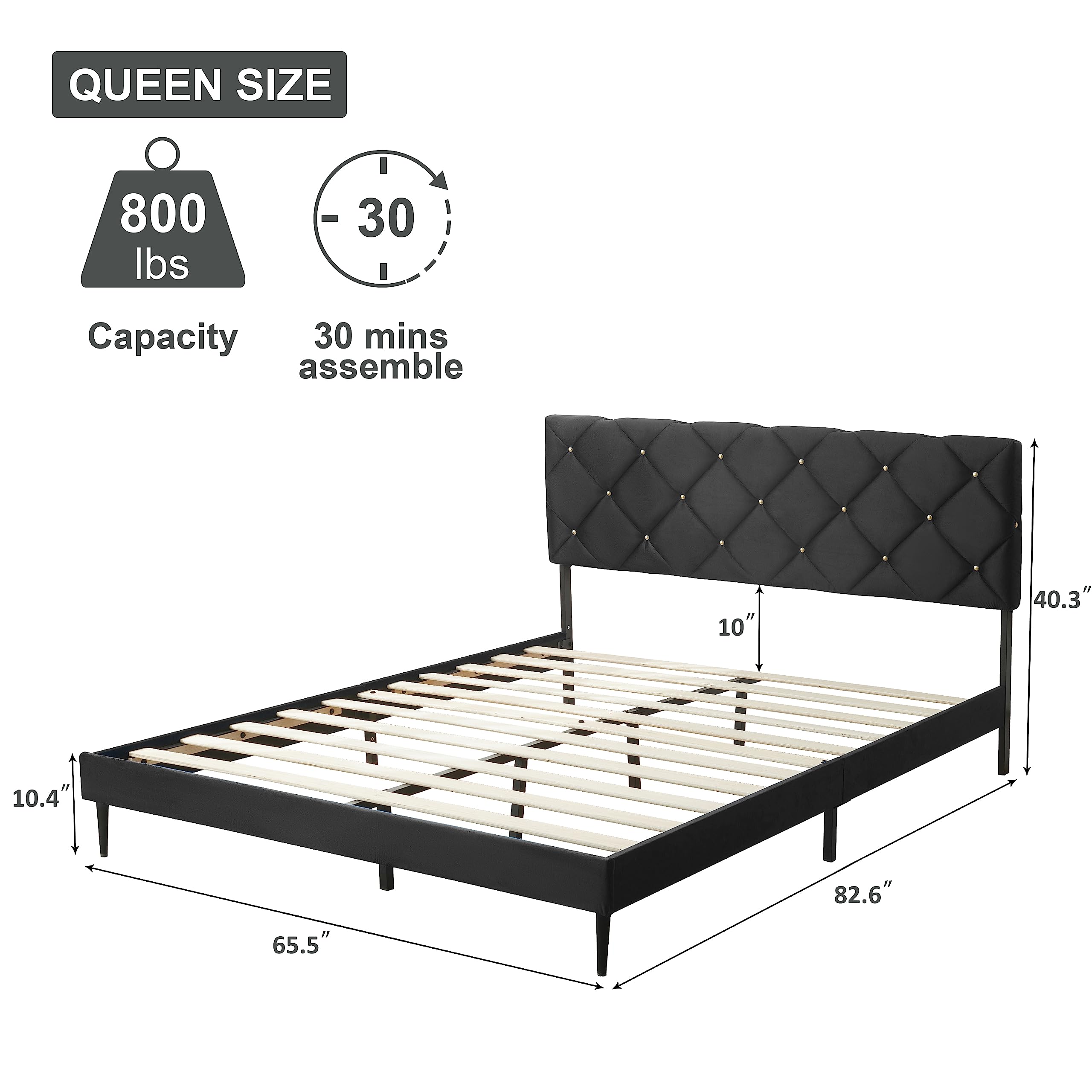 AsKmore Queen Size Bed Frame,Velvet Upholstered Platform with Headboard and Strong Wooden Slats,Non-Slip and Noise-Free,No Box Spring Needed, Easy Assembly,Black