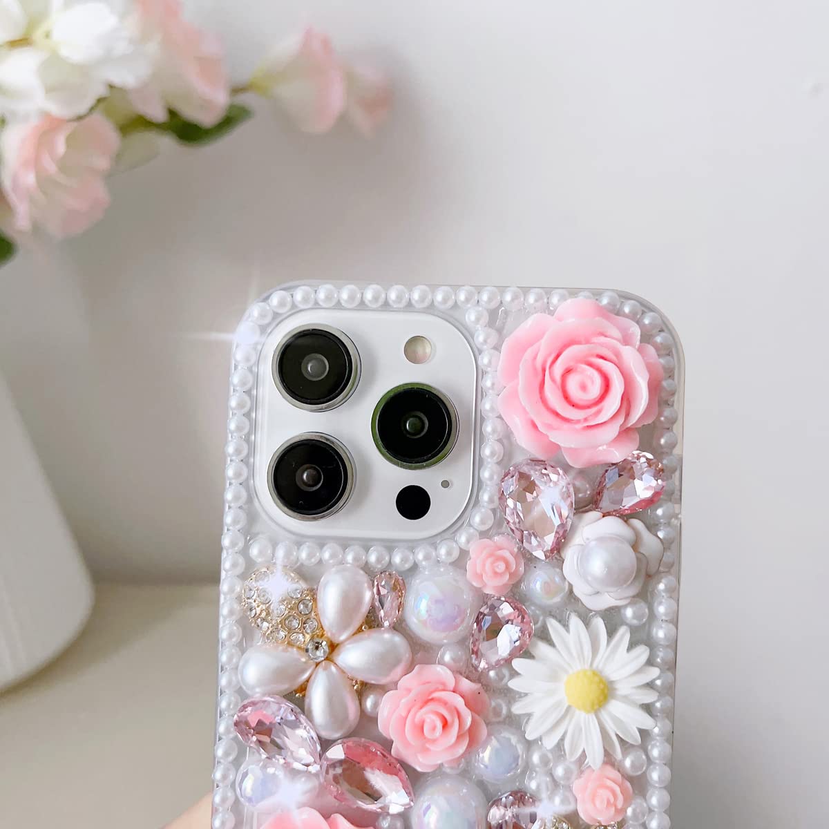 Changjia for iPhone 14 Pro Max Glitter Bling Case, Girly Cute Luxury 3D Crystal Rhinestone Flowers Diamond Pearl with Lanyard Wrist Strap Women Girls Case Cover for iPhone 14 Pro Max 6.7 inch (Pink)