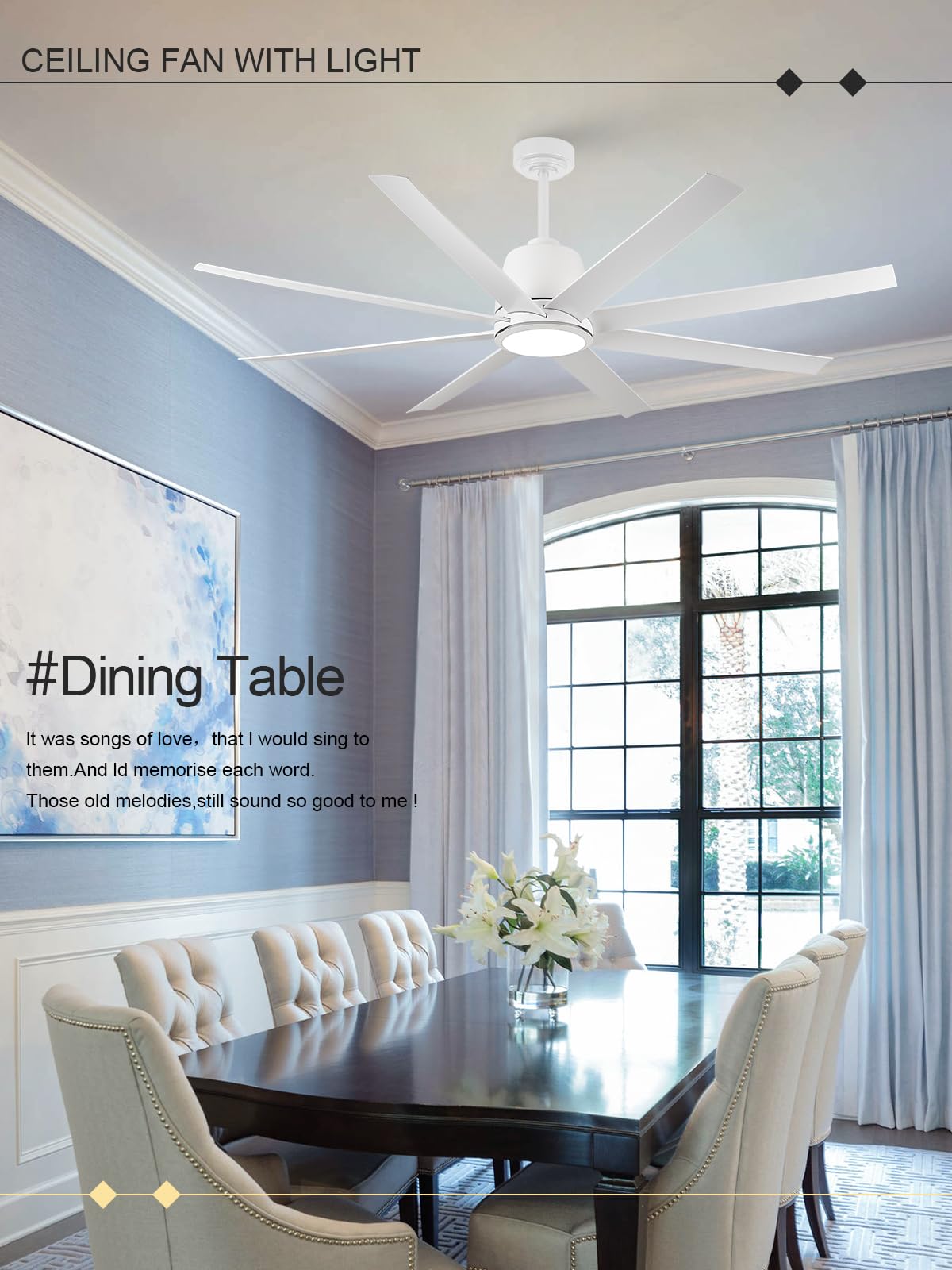 FookChak 65in White Large Ceiling Fan with Lights Remote Control 8-Blade Outdoor Ceiling Fan Light for Patio, Multi-speed Reversible Airflow for Garage Home Office Gym Room Living Room Bedroom