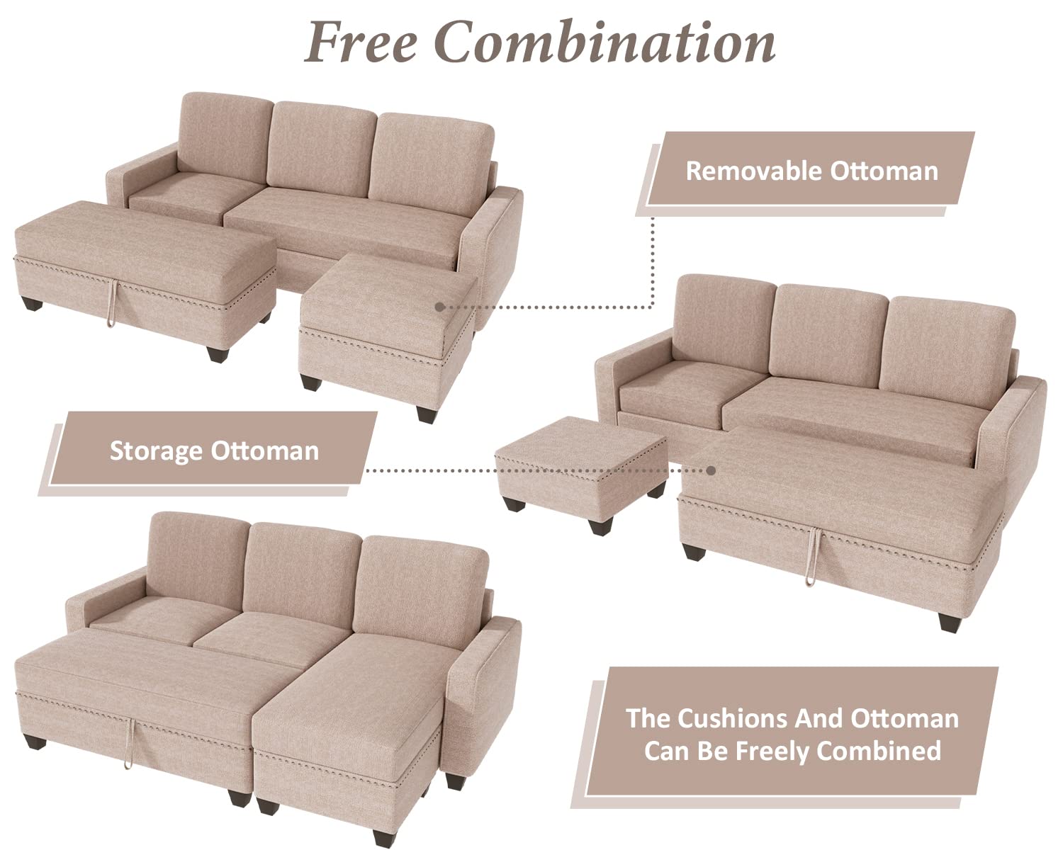 Ucloveria 81" Reversible Couch with Storage Chaise L-Shaped Apartment, Sectional Ottoman,Nailhead Textured Linen Fabric 3 Pieces Sofa Set,Warm Grey