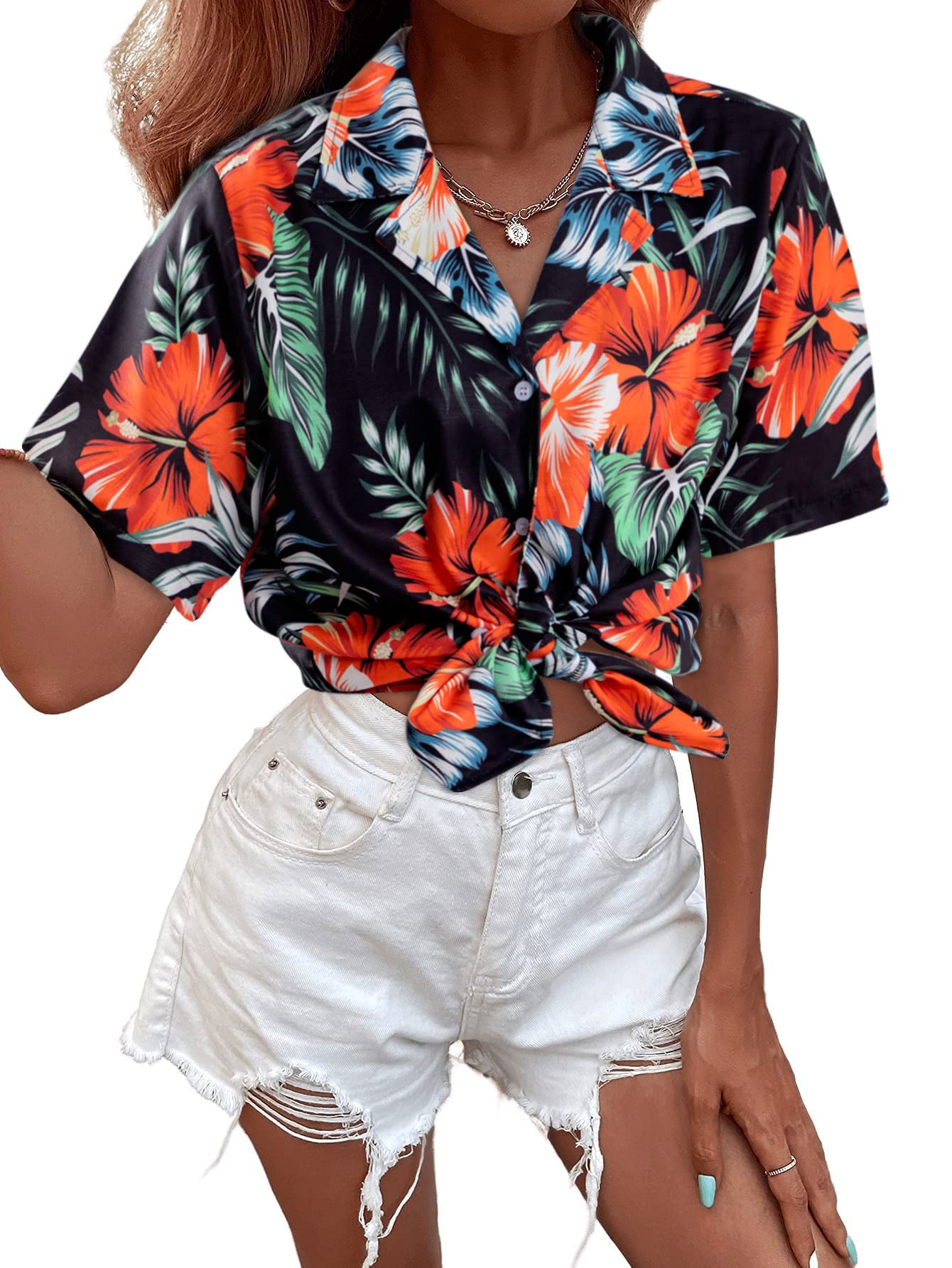 FAYALEQ Womens Summer Hawaiian Shirts Soft Cool Floral Tropical Print T-Shirt Button Down V Neck Short Sleeve Tee Tops Black
