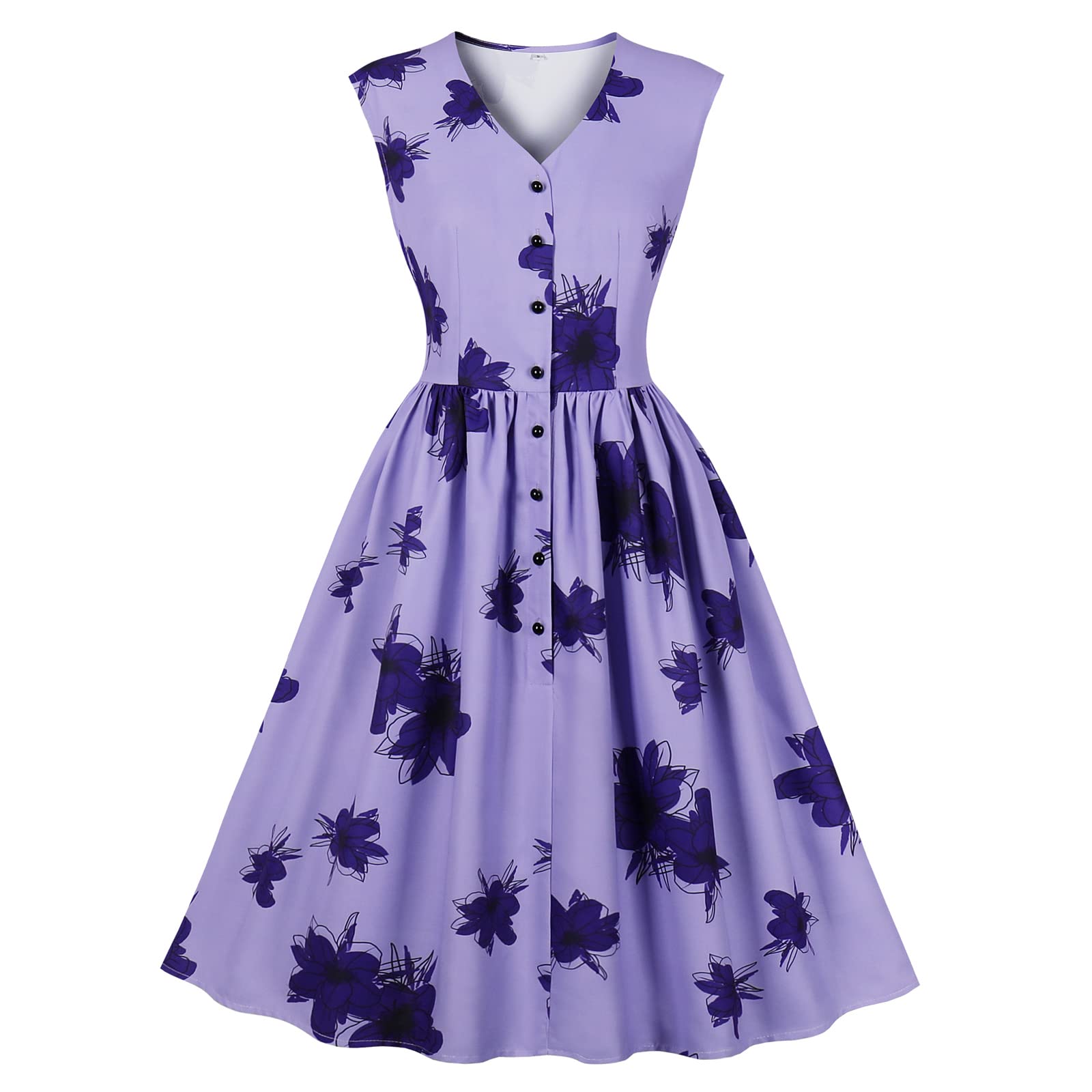 Wellwits Women's Big Floral Print V Neck Sleeveless Button Down Shirt Modest Tea Party Cocktail Formal Special Occasion 1950s Vintage Dress Purple M