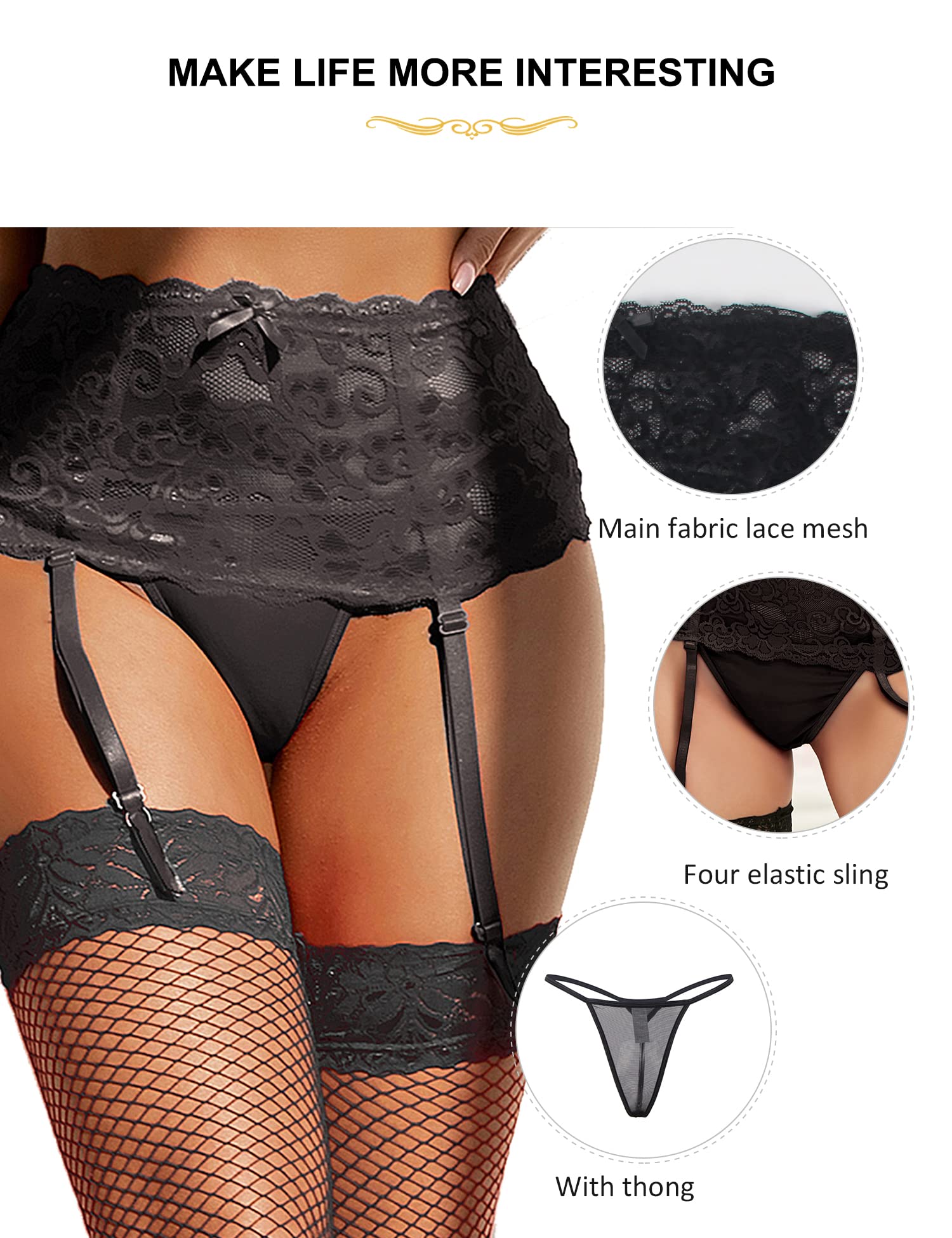 Sexy Plus Size Lace Garter Belt for Women Black High Waisted Suspender G-String with 4 Clips for Stocking XS-S