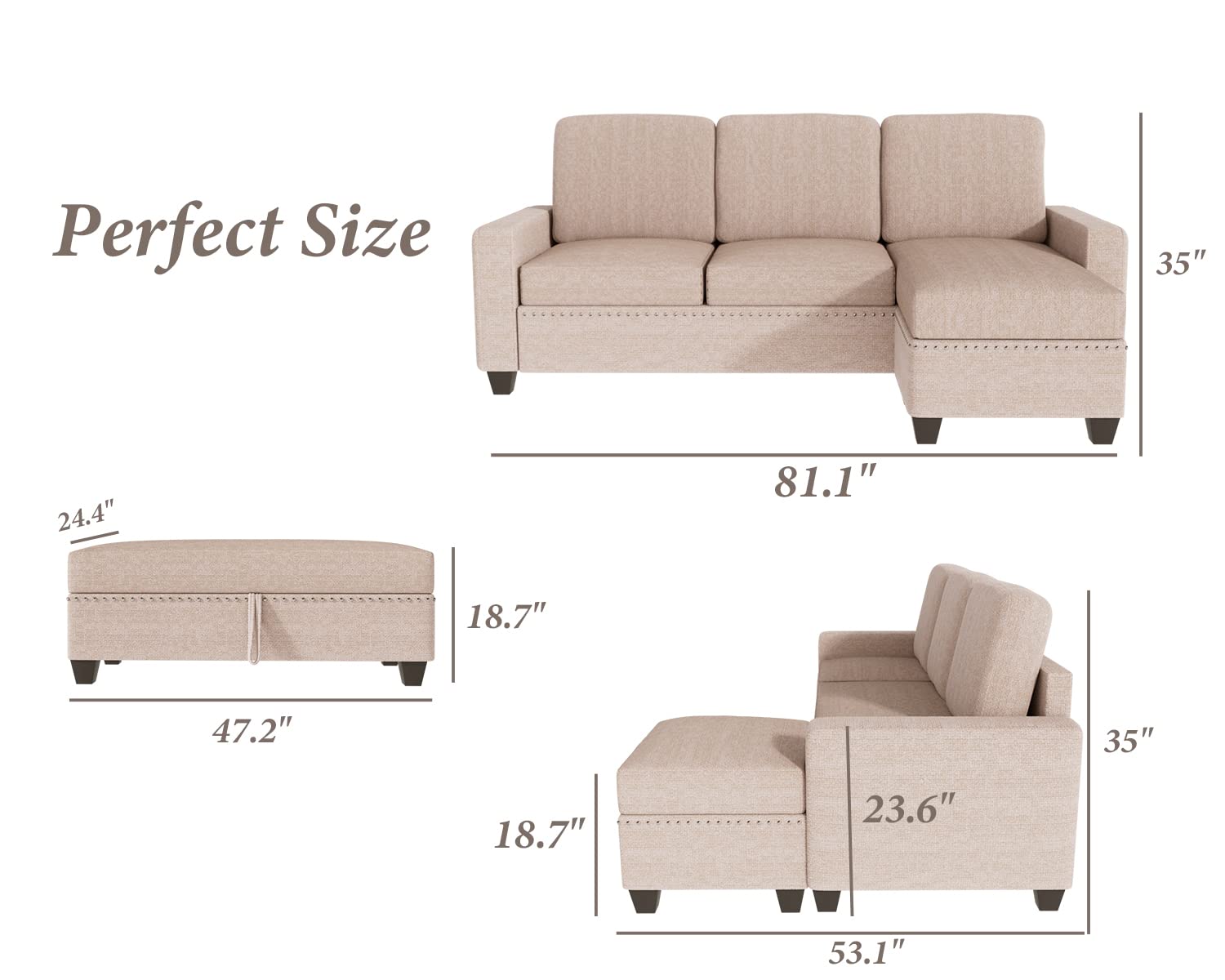 Ucloveria 81" Reversible Couch with Storage Chaise L-Shaped Apartment, Sectional Ottoman,Nailhead Textured Linen Fabric 3 Pieces Sofa Set,Warm Grey