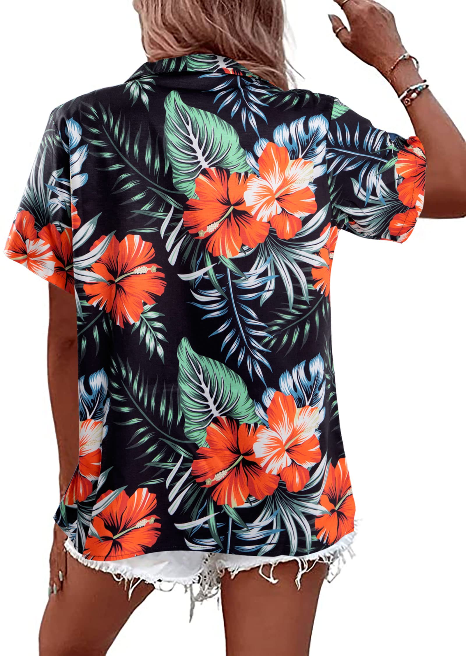 FAYALEQ Womens Summer Hawaiian Shirts Soft Cool Floral Tropical Print T-Shirt Button Down V Neck Short Sleeve Tee Tops Black