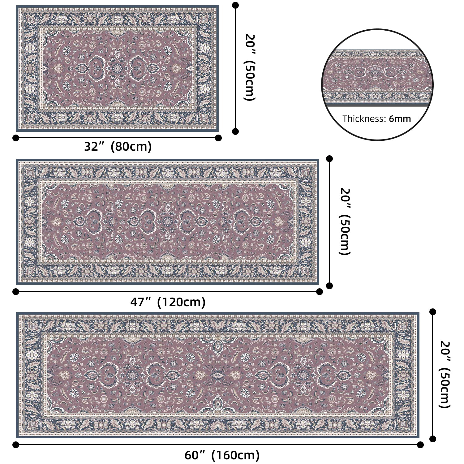 Jinaply Kitchen Rugs Sets 3 Piece with Runner Non Slip,Kitchen Rugs and Mats,Red Bohemian Kitchen Runner Rug Set for Non Skid Washable for Hallway Kitchen Laundry Room Bathroom