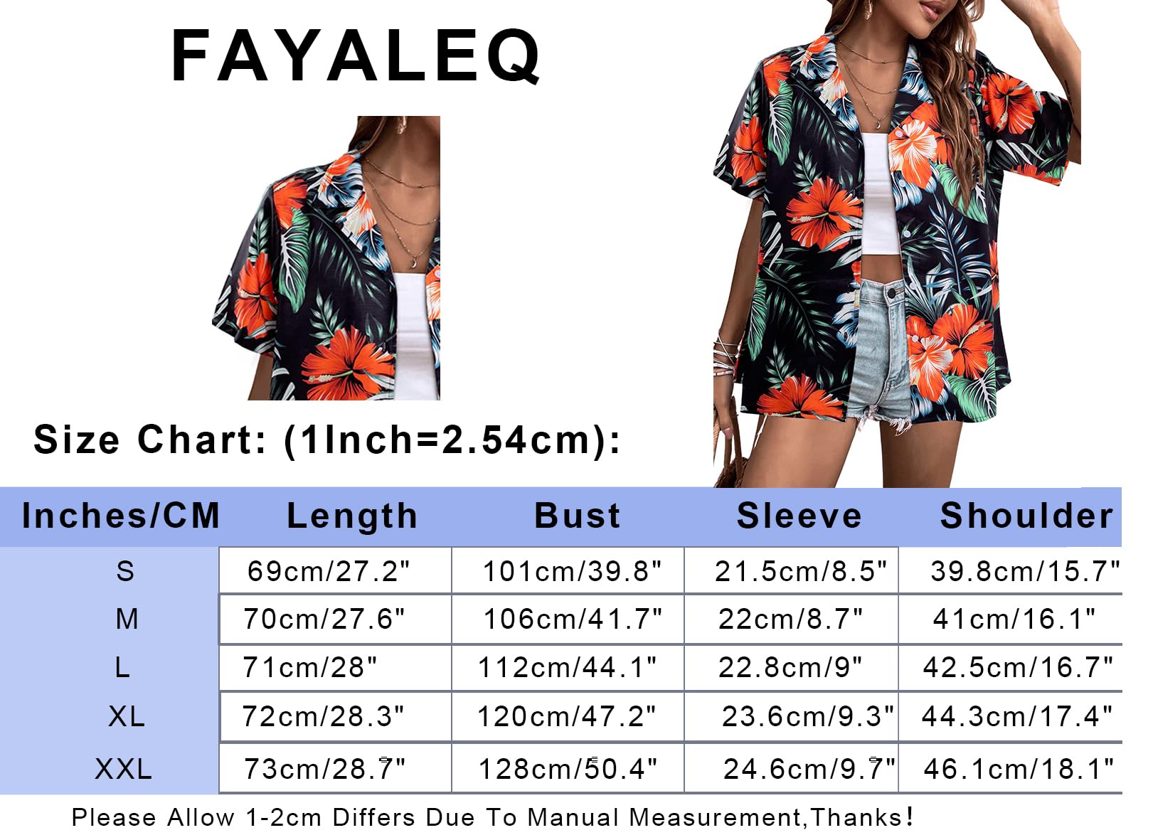 FAYALEQ Womens Summer Hawaiian Shirts Soft Cool Floral Tropical Print T-Shirt Button Down V Neck Short Sleeve Tee Tops Black