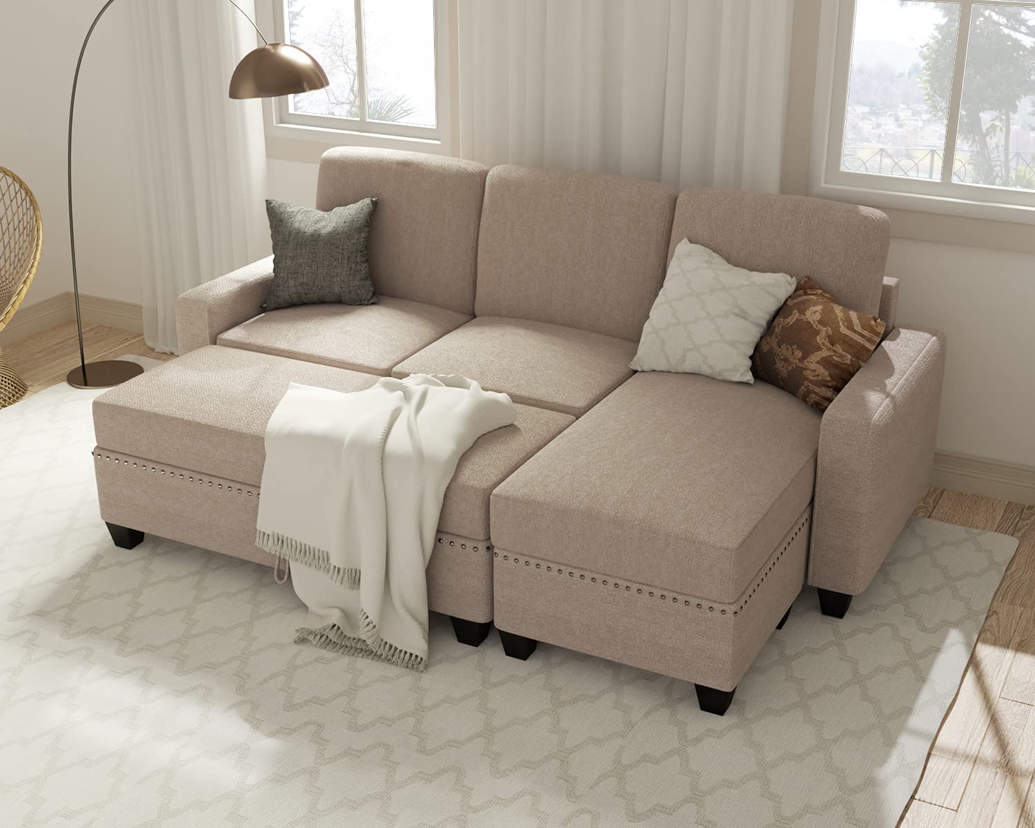 Ucloveria 81" Reversible Couch with Storage Chaise L-Shaped Apartment, Sectional Ottoman,Nailhead Textured Linen Fabric 3 Pieces Sofa Set,Warm Grey