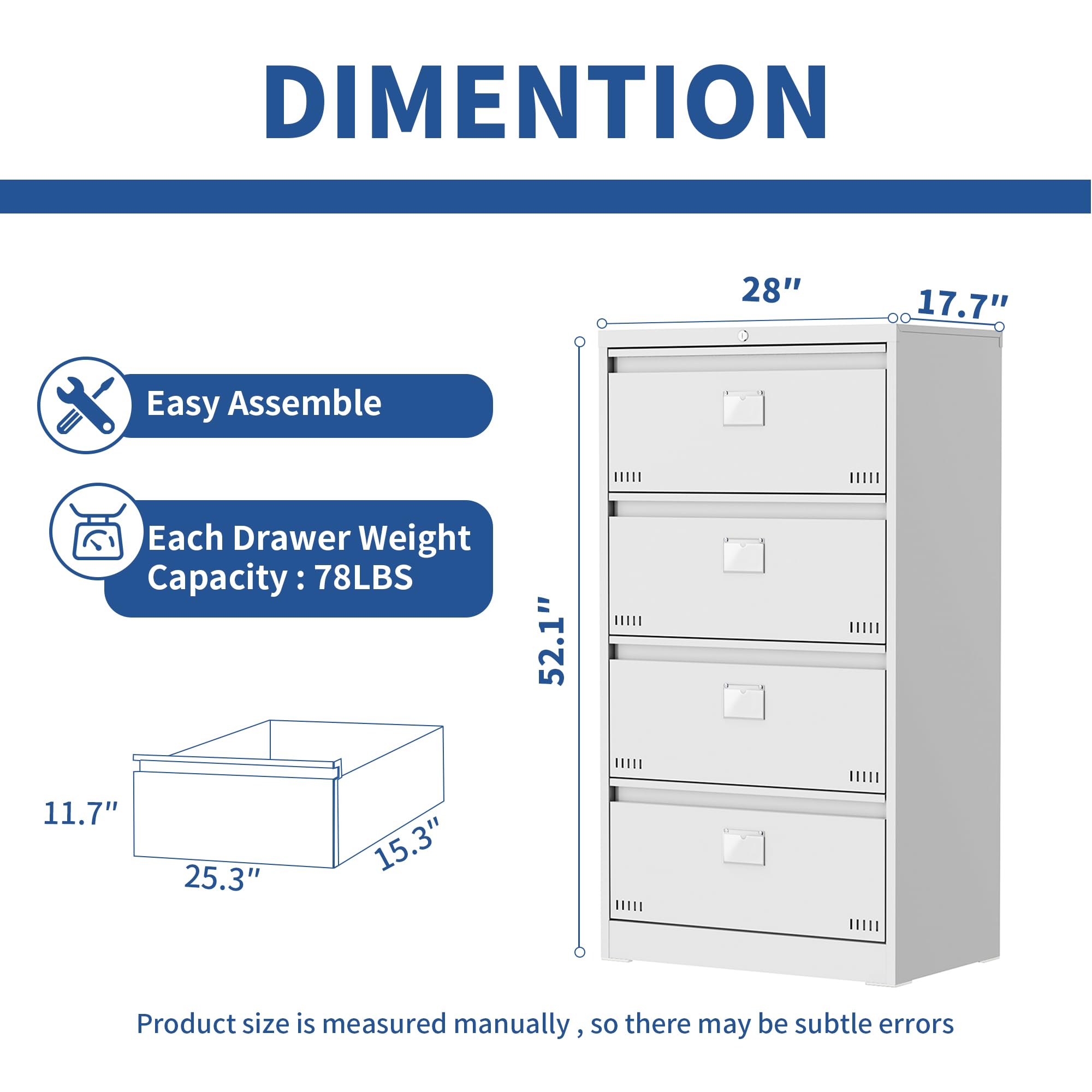 Lateral File Cabinet 4 Drawer Metal Filing Cabinets for Home Office, White File Storage Cabinet with Lock for Letter/Legal A4 Size, Locking Horizontal Filing Cabinet with Card Slot