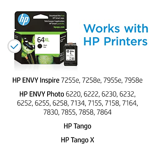 HP 64XL Black High-yield Ink Cartridge | Works with HP ENVY Inspire 7950e; ENVY Photo 6200, 7100, 7800; Tango Series | Eligible for Instant Ink | N9J92AN