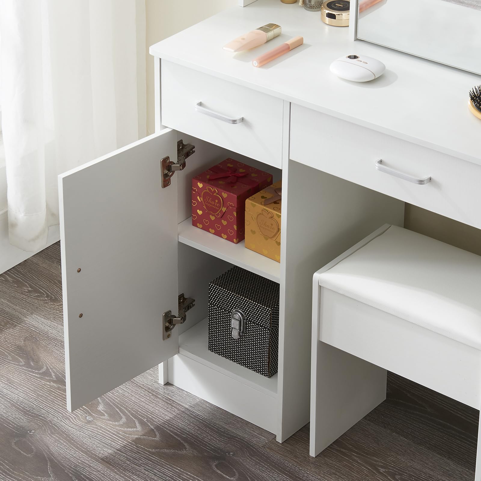 Xinhonglei Modern Makeup Vanity Desk with Lights, Vanity Table with Lighted Mirror, White Vanity Set Dressing Table with 2 Drawers and a Cabinet for Bedroom