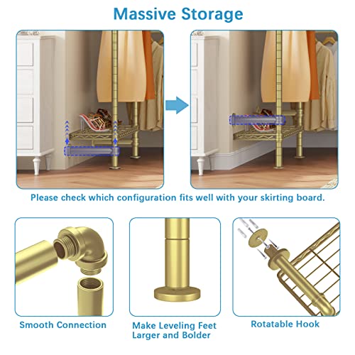 Timate F1 Pipe Clothes Rack Wall Mount Heavy Duty Closet Organizer System Hanging Closet Rack for Clothes, Closet Kit Walk in Closet Systems, Adjustable Storage Closet Shelves Wardrobe Closet, Gold