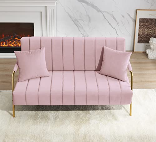 Velvet Upholstery Loveseat Tufted Futon Sofa,Australian Cashmere Fabric Accent 2-Seat Sofá Couch with Metal Legs&Throw Pillows for Living Room/Bedroom/Apartment/Office/Studio/Compact Space