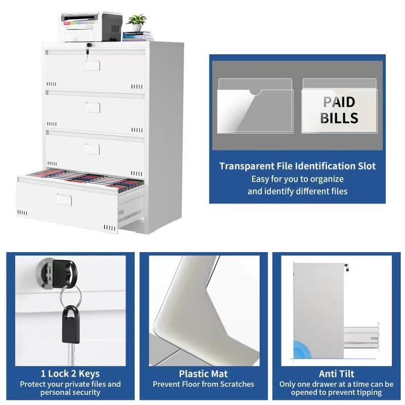 Lateral File Cabinet 4 Drawer Metal Filing Cabinets for Home Office, White File Storage Cabinet with Lock for Letter/Legal A4 Size, Locking Horizontal Filing Cabinet with Card Slot