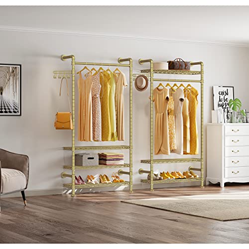 Timate F1 Pipe Clothes Rack Wall Mount Heavy Duty Closet Organizer System Hanging Closet Rack for Clothes, Closet Kit Walk in Closet Systems, Adjustable Storage Closet Shelves Wardrobe Closet, Gold