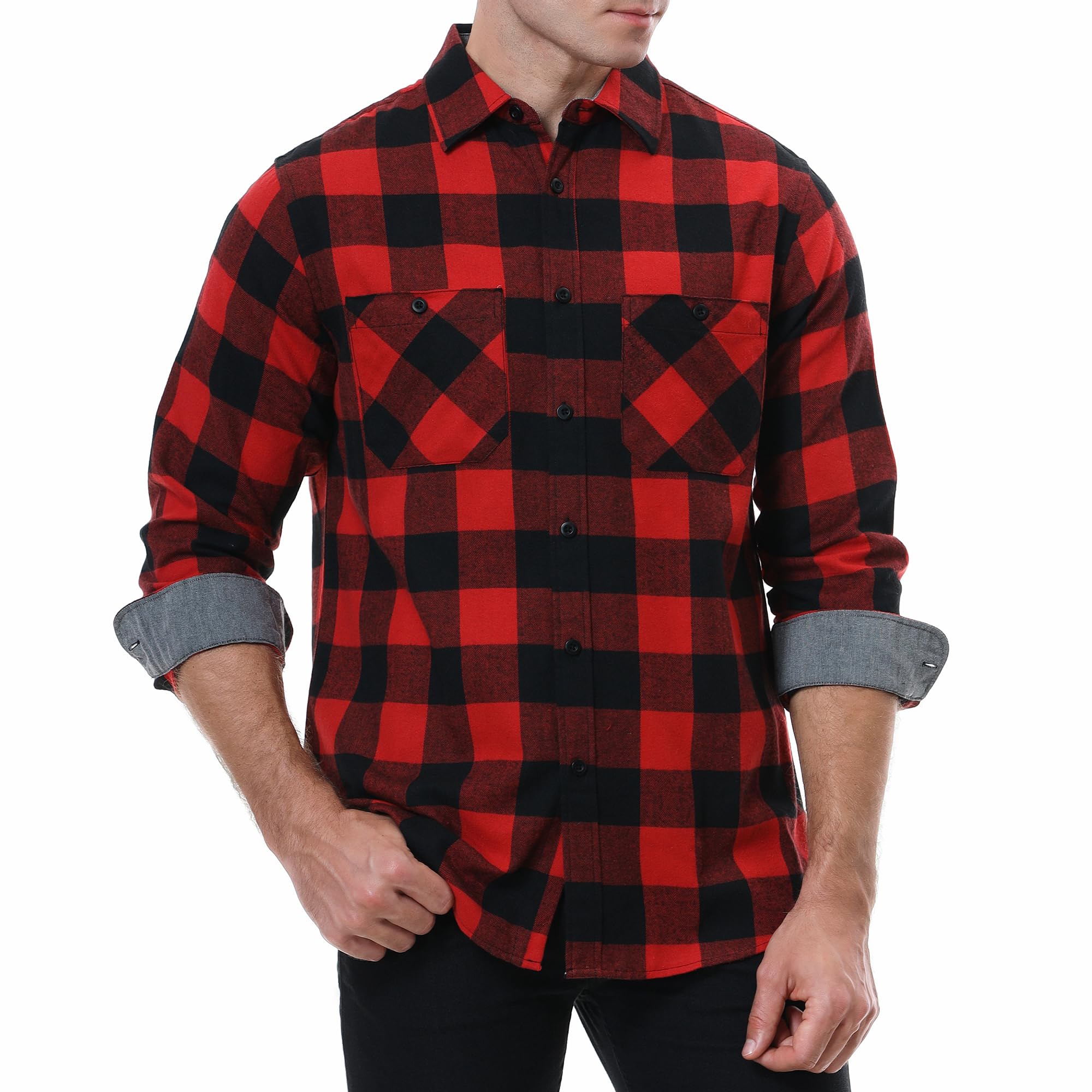 WARHORSEE Flannel Shirt for Men Long Sleeve Regular Fit Button Down Casual Plaid Shirt,RED,L