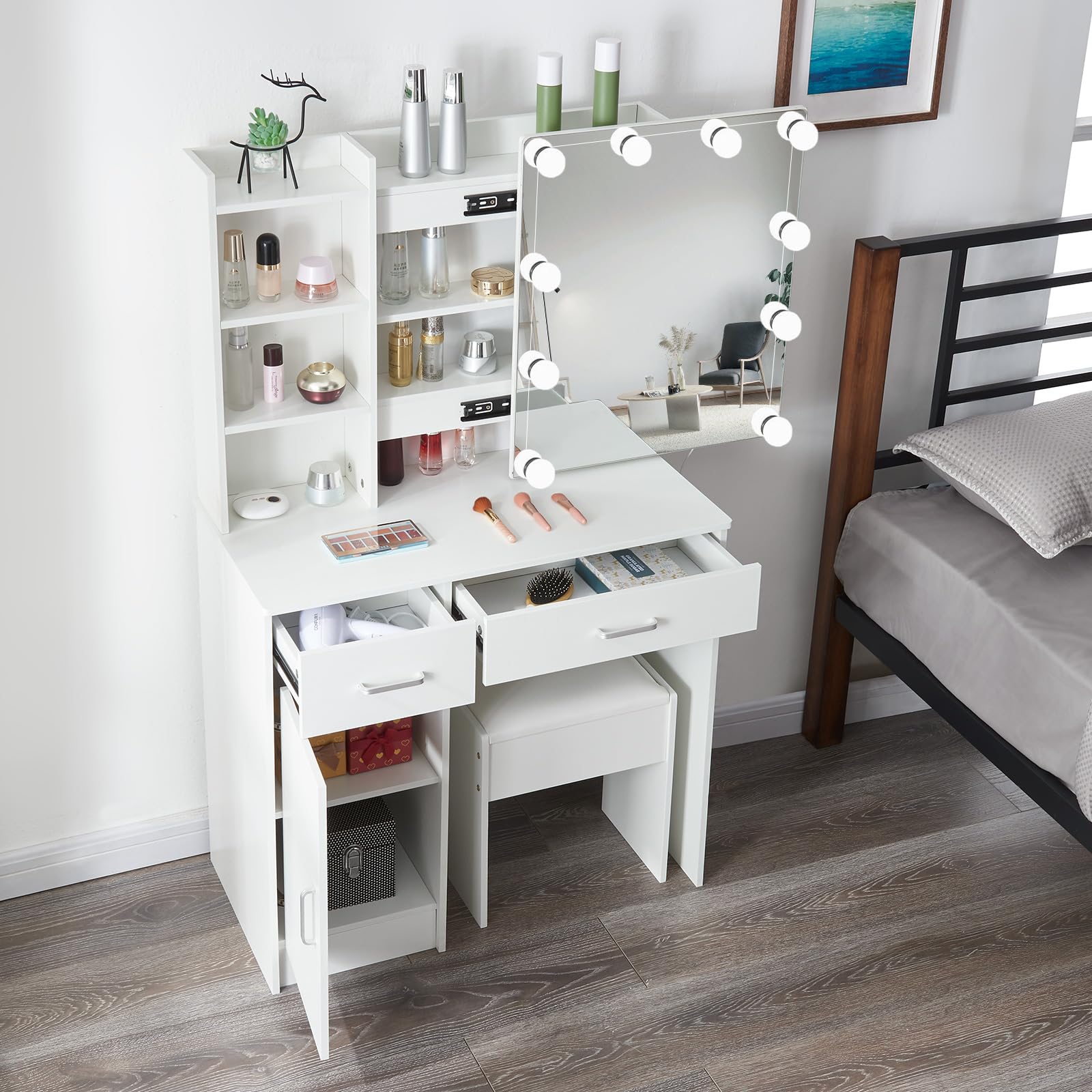 Xinhonglei Modern Makeup Vanity Desk with Lights, Vanity Table with Lighted Mirror, White Vanity Set Dressing Table with 2 Drawers and a Cabinet for Bedroom